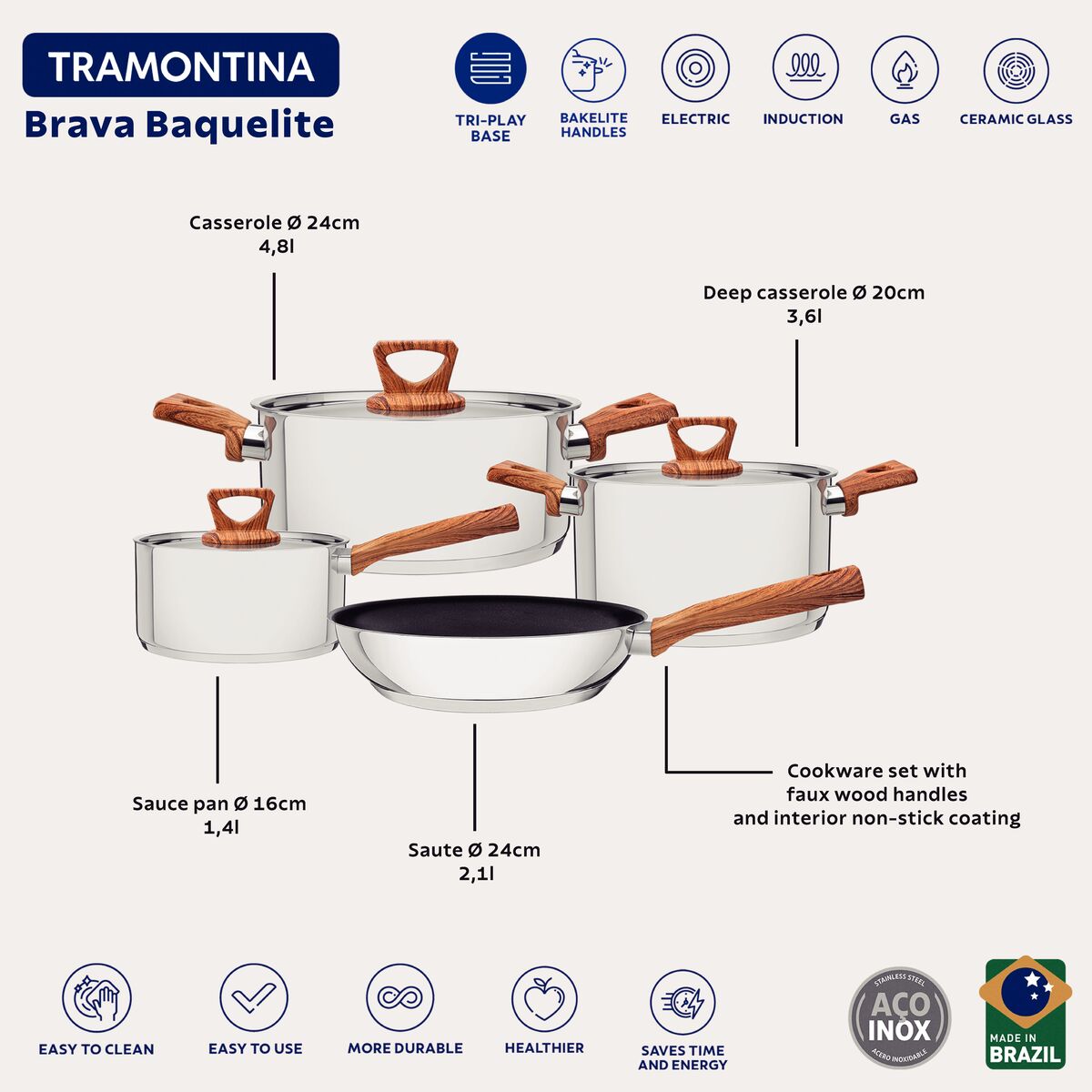 Tramontina Brava non-stick stainless steel cookware set with tri-ply base and faux wood handles ...